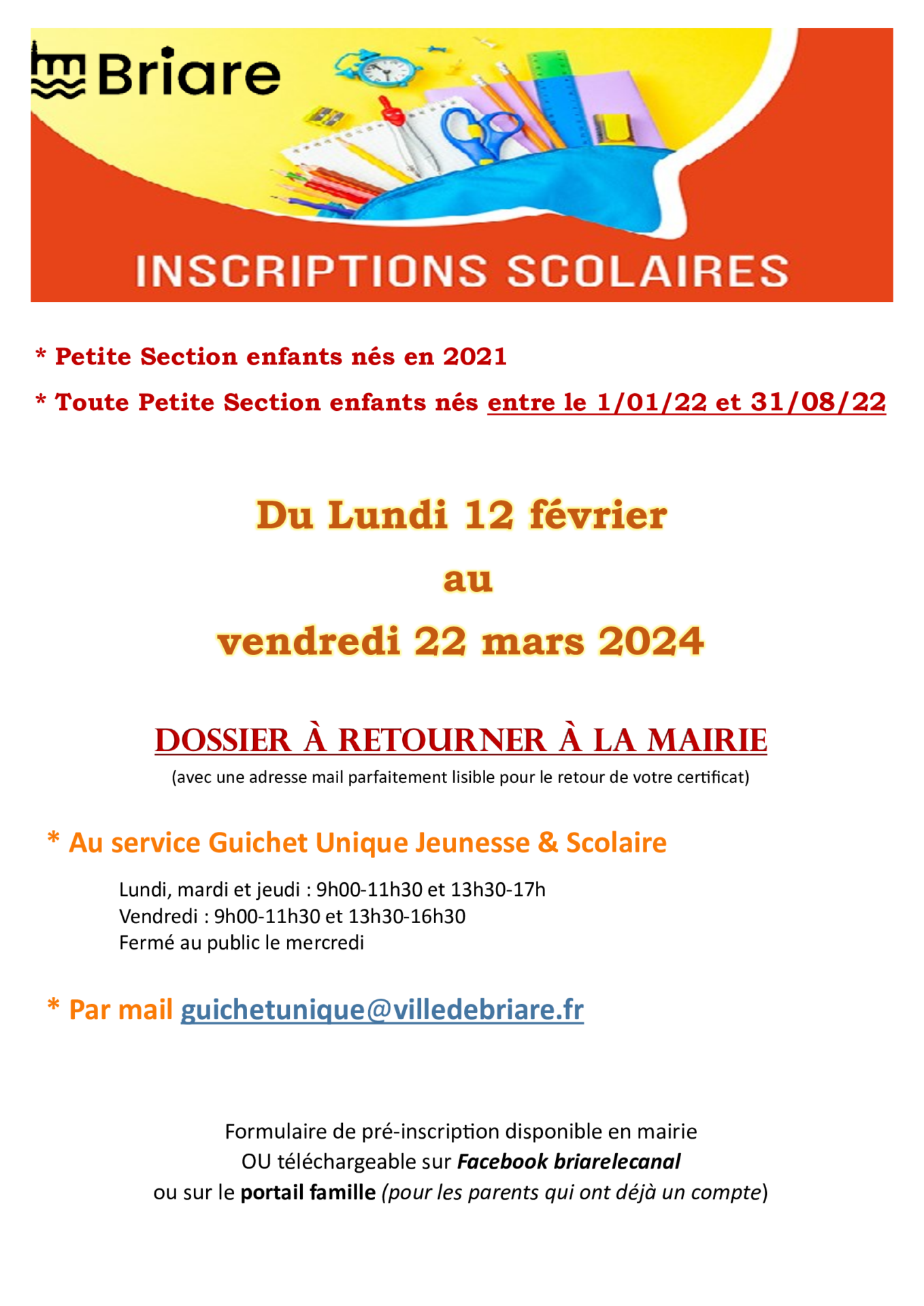 Inscriptions scolaires - Ville de briare